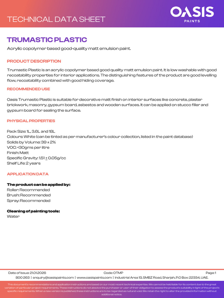 Oasis Trumastic Plastic Emulsion | PDF | Paint | Plaster