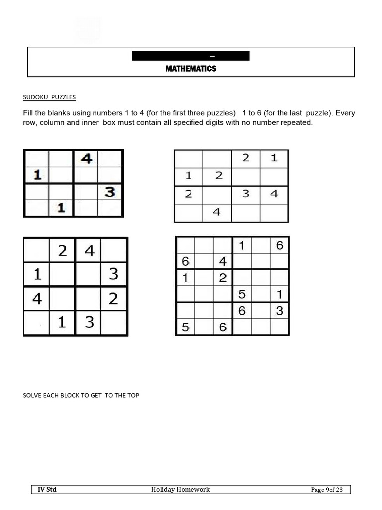 CBSE Class 4 Maths Revision Worksheet (147) - Sudoko Puzzle | PDF