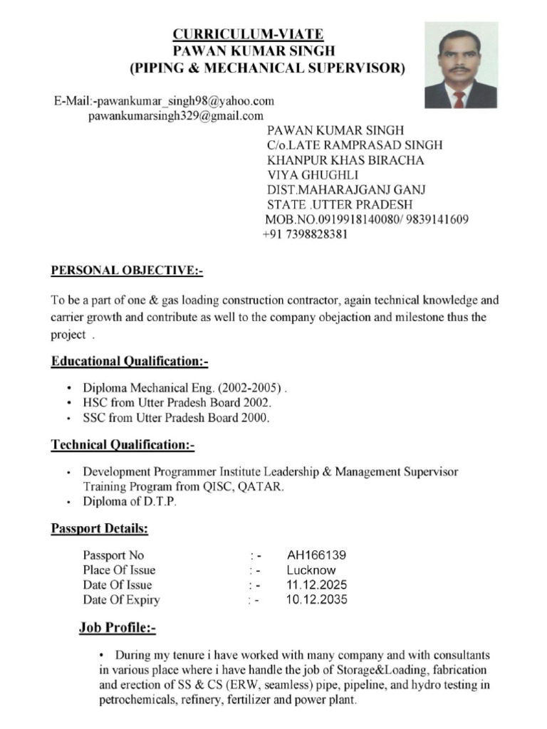 Piping and Mechanical Supervisor-PAWAN KUMAR SINGH SUPERVISOR | PDF