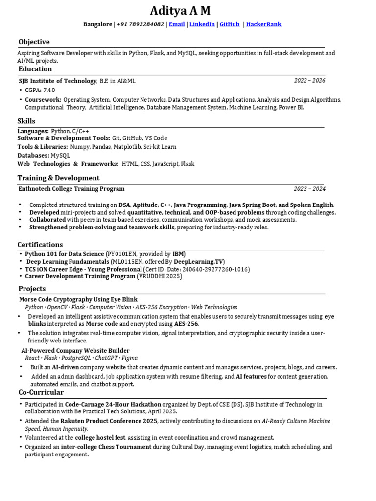 Resume - Aditya a M | PDF | Artificial Intelligence | Intelligence (AI) & Semantics