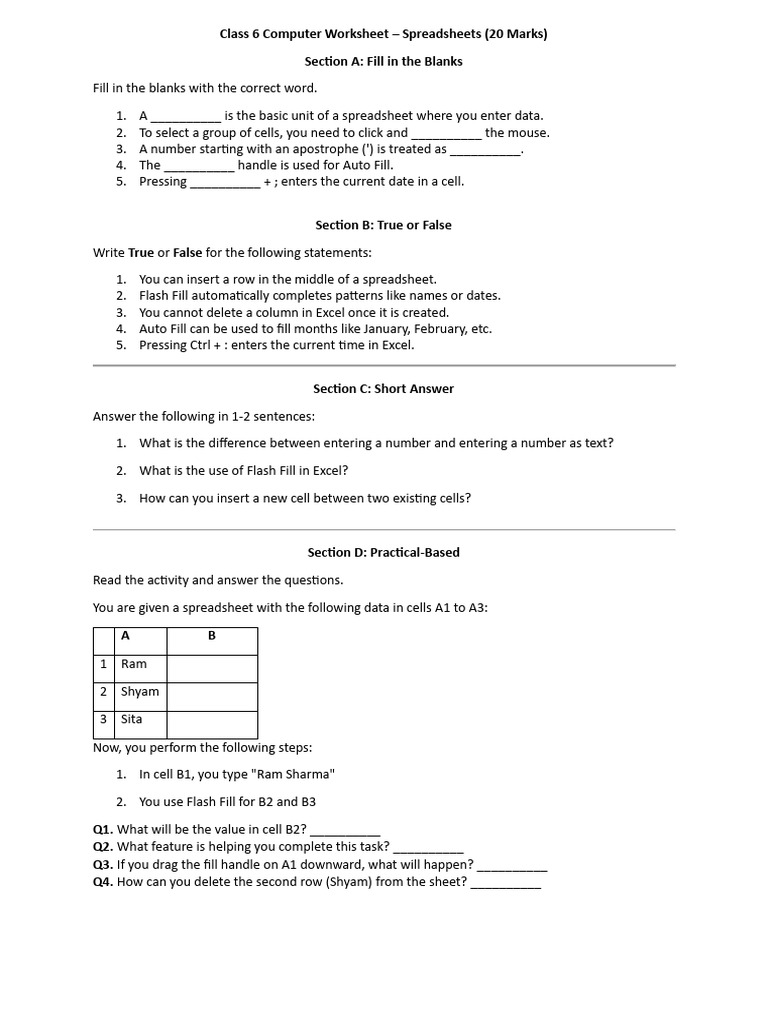 Class 6 Computer Worksheet EXCEL | PDF