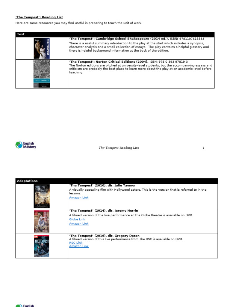 The Tempest - Teacher Reading List | PDF | The Tempest