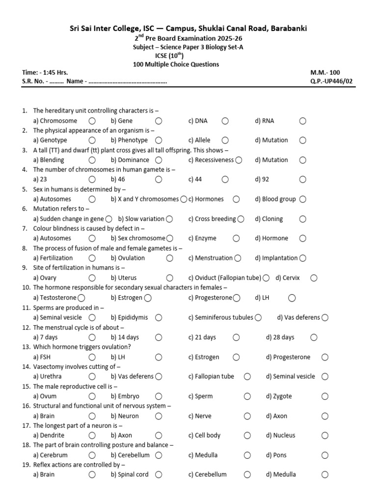 Class-10 Biology 2nd Pre Board MCQ Set A | PDF | Menstrual Cycle | Anatomy