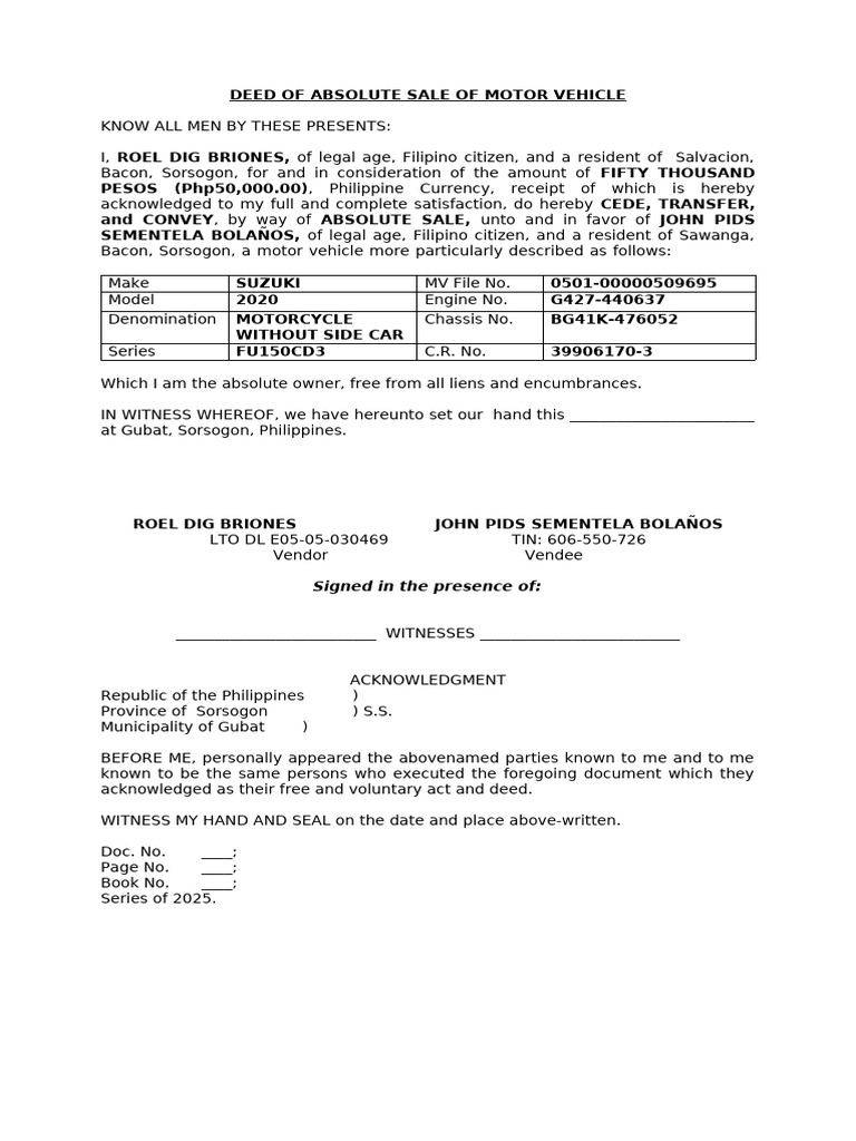 Deed of Absolute Sale of Motor Vehicle Roel d. Dig-john Pids s. Bolaños ...