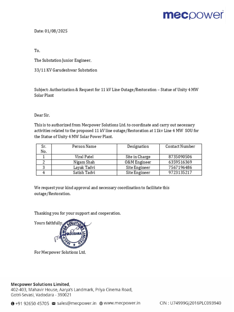 Authorization Letter 11kV Outage SOUnity | PDF