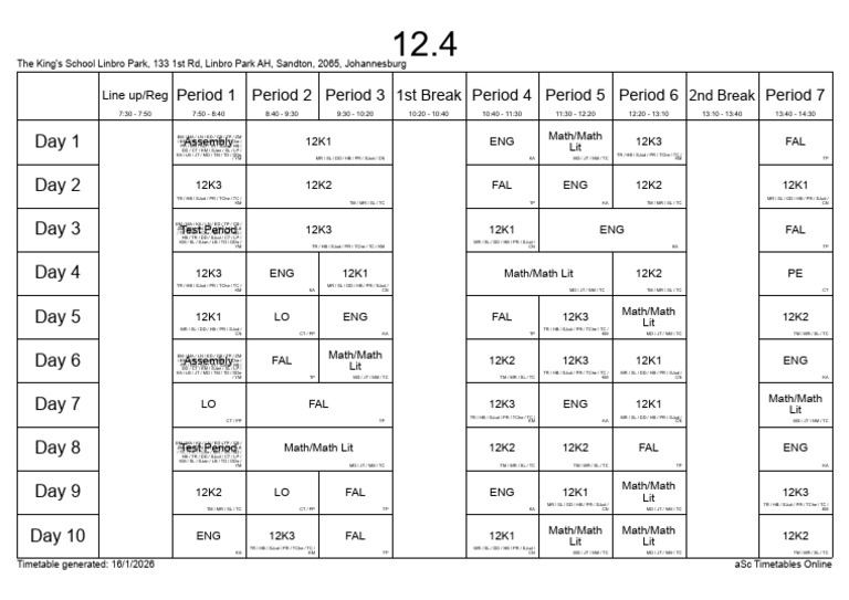 Grade 12 E4 Term 1 Final Timetable | PDF