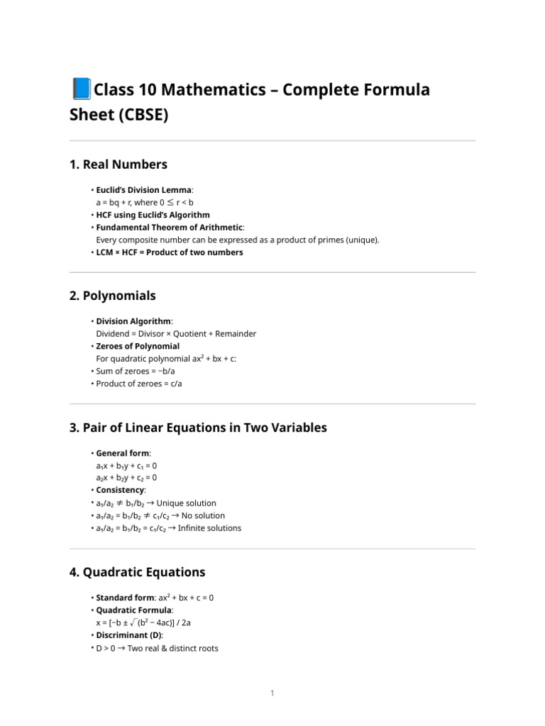 Class 10 Maths Formula Sheet (All Chapters) | PDF | Mathematics ...