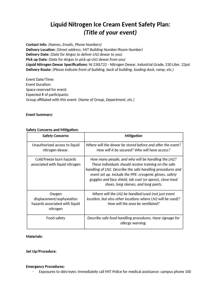 LN2 Ice Cream Safety Plan Template | PDF