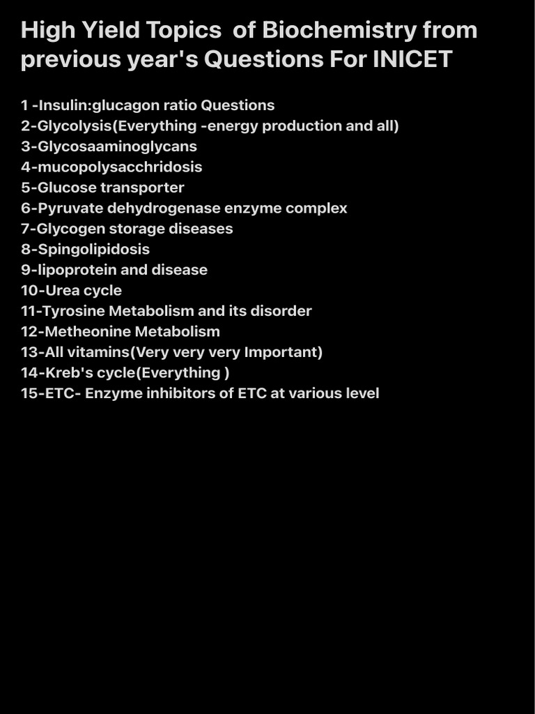 High Yield Topics of Biochemistry From Previous Year's Questions | PDF