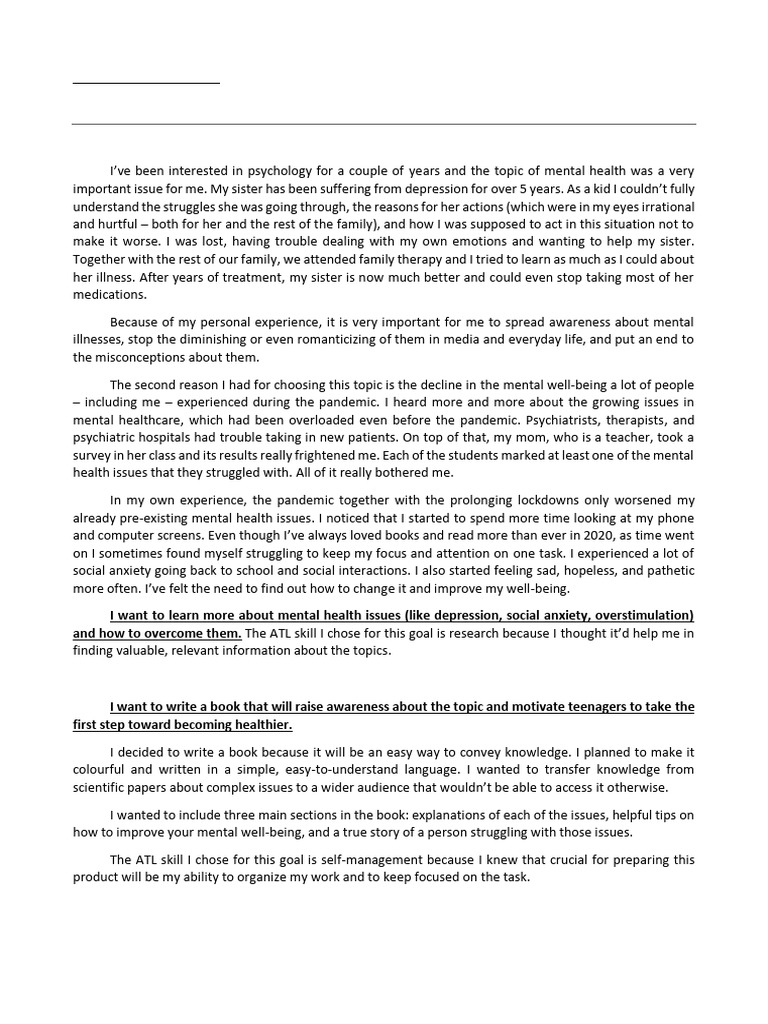 Anna Blaszczyk Personal Project Report | PDF | Mental Health | Psychiatry