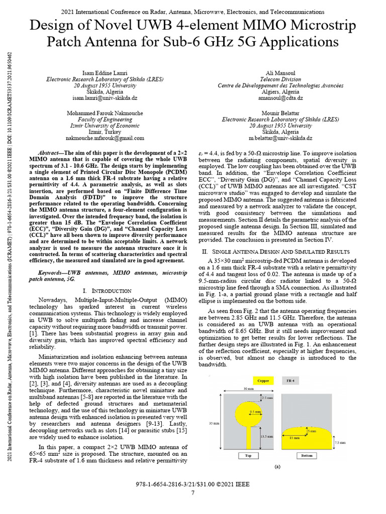 Design of Novel UWB 4-Element MIMO Microstrip Patch Antenna for Sub-6 ...