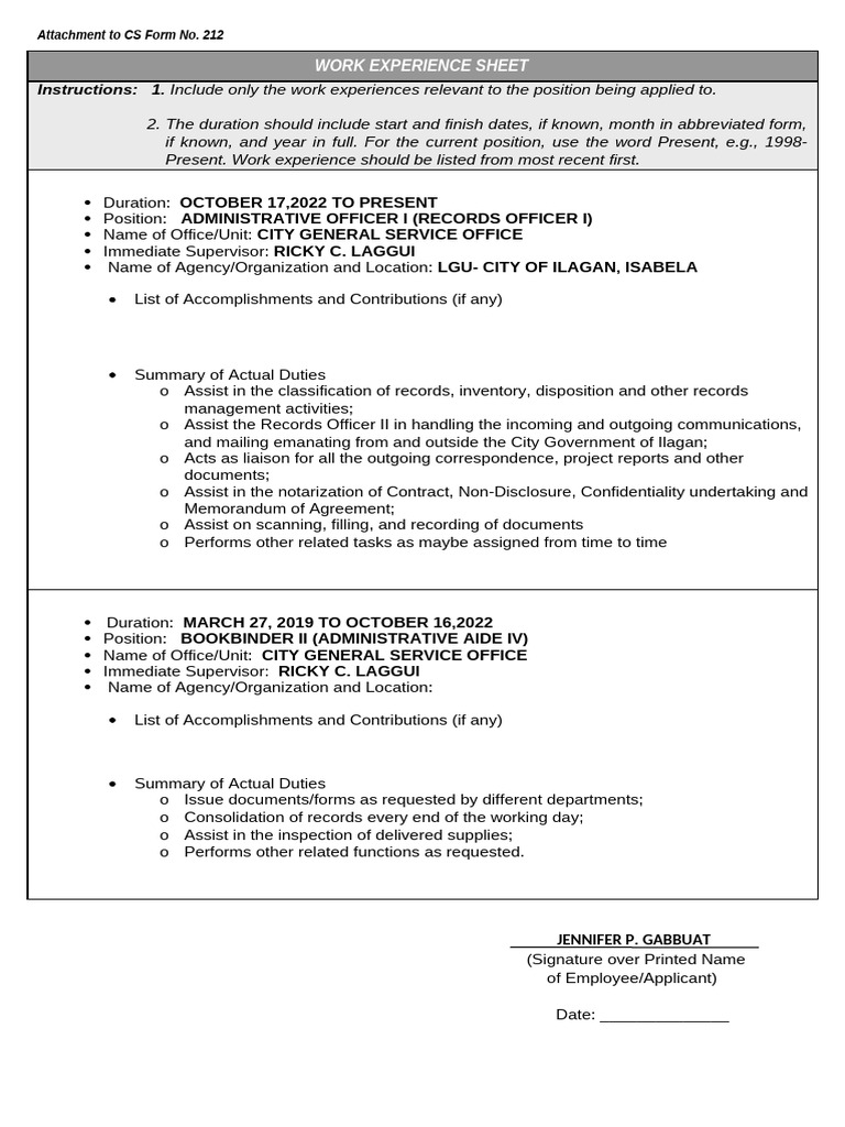 CS Form No 212 Work Experience Sheet | PDF