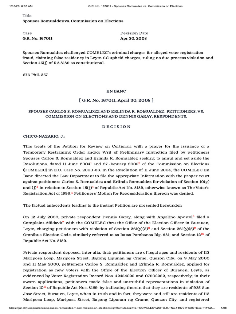 G.R. No. 167011 - Spouses Romualdez vs. Commission On Elections | PDF ...
