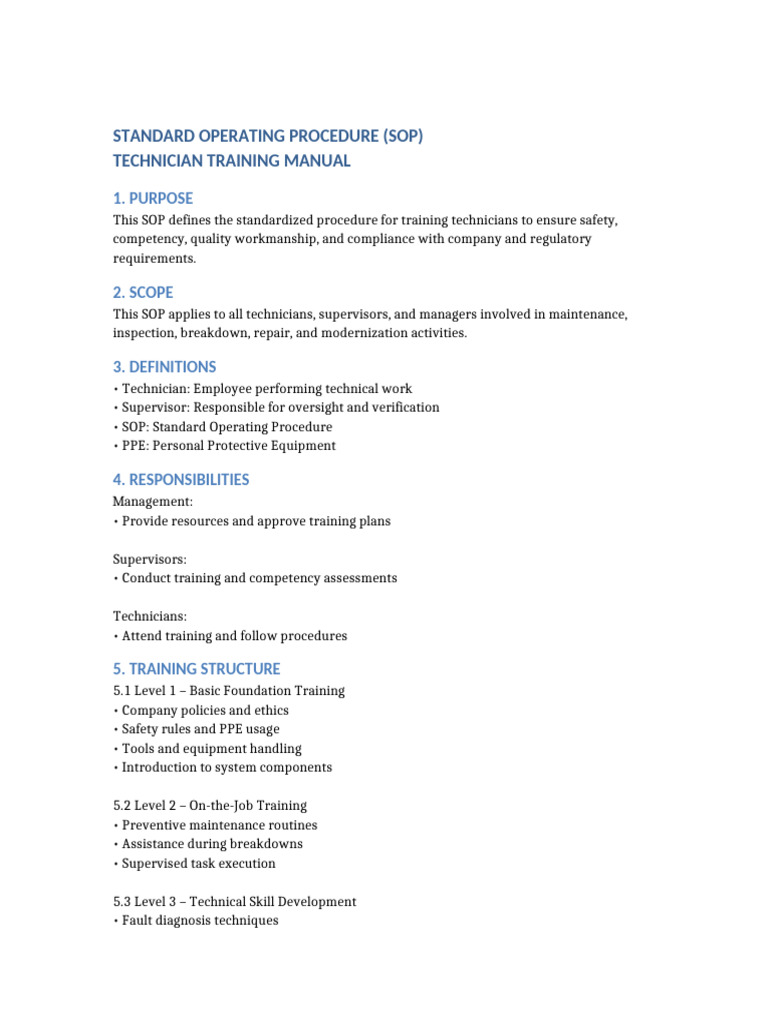 Technician Training SOP Manual | PDF | Occupational Safety And Health ...