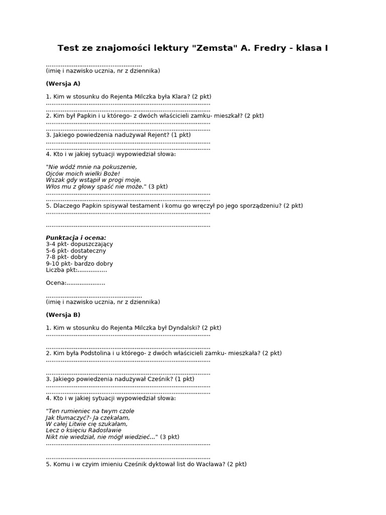 Test Ze Znajomości Lektury Zemsta | PDF