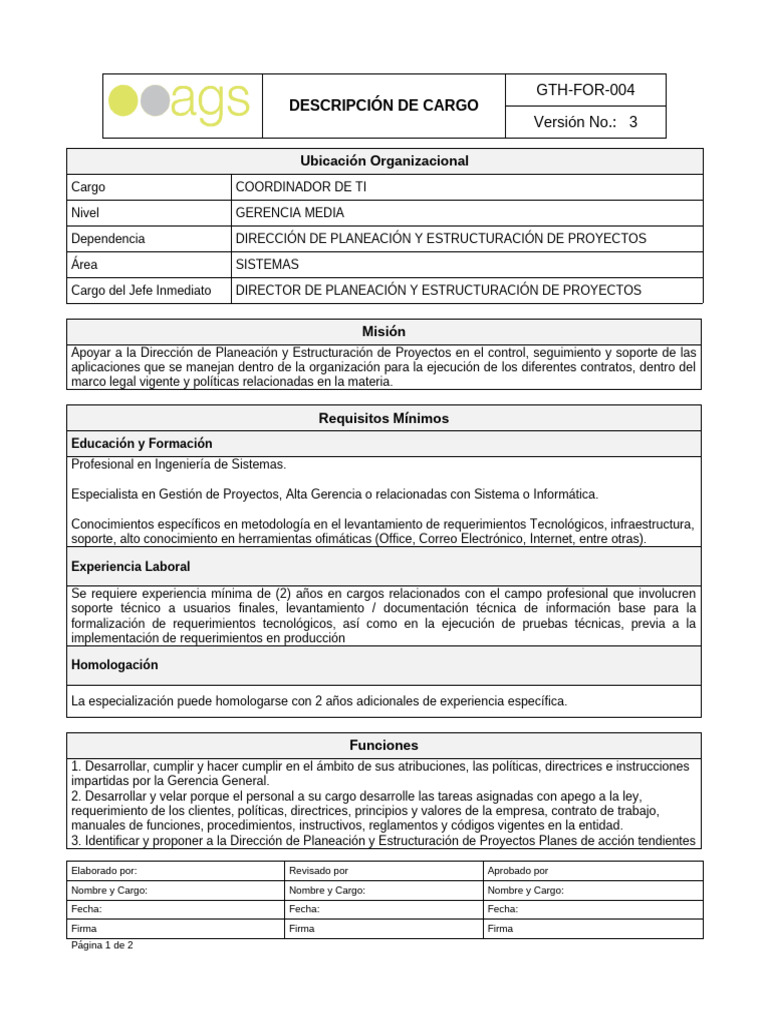 Perfil Cargo Coordinador de TI | PDF | Planificación | Software