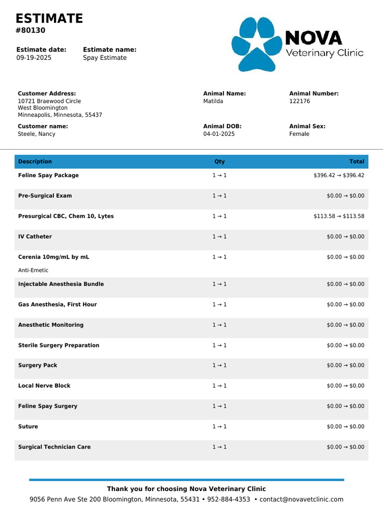 RS Spay Estimate Matilda Steele 28221 | PDF | Anesthesia | Neutering