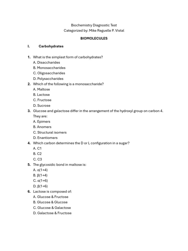 Biochemistry Diagnostic Test - BIOMOLECULES | PDF | Lipid | Carbohydrates