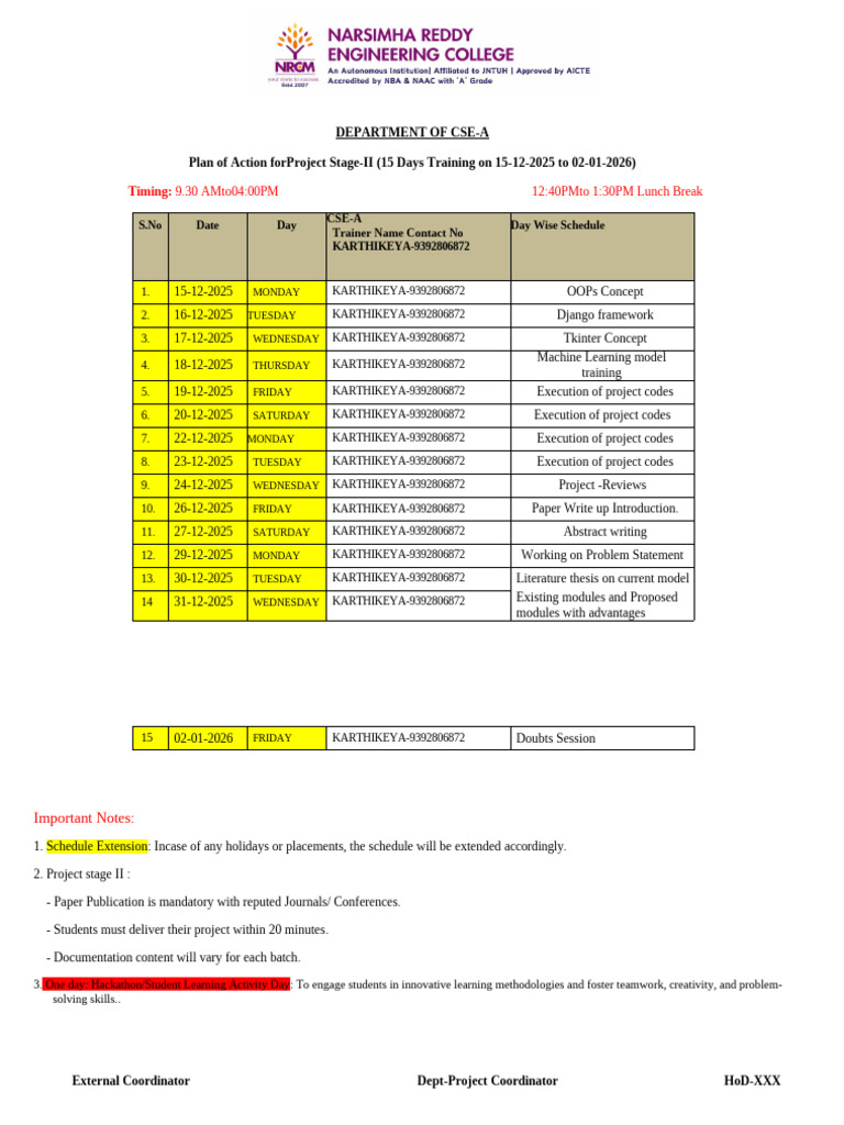 Plan of Action for Project Stage-II (15 Days Training on 15-12-2025 to 02-01-2026) CSE-A | PDF ...