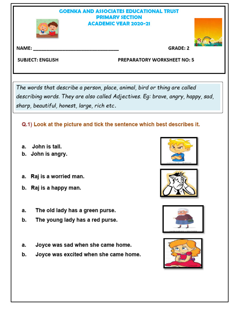 Grade 2 - English Preparatory Worksheet No.5 (04.06.20) | PDF