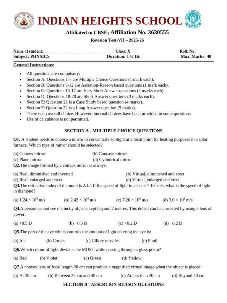 Class 10 Complete Physics Exam | PDF | Rainbow | Light