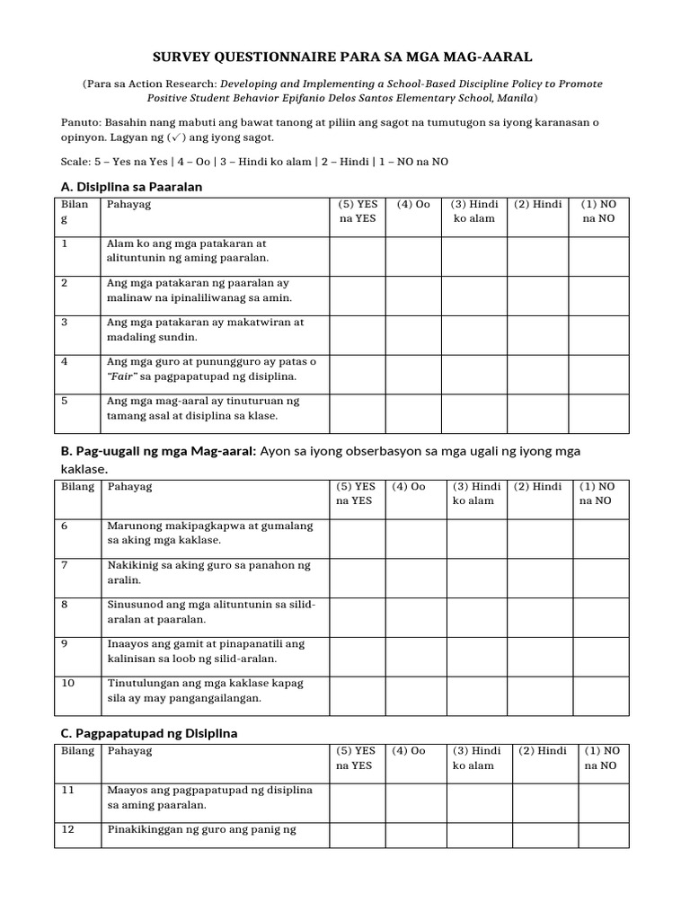 Survey Form Mga Mag Aaral Discipline Policy | PDF