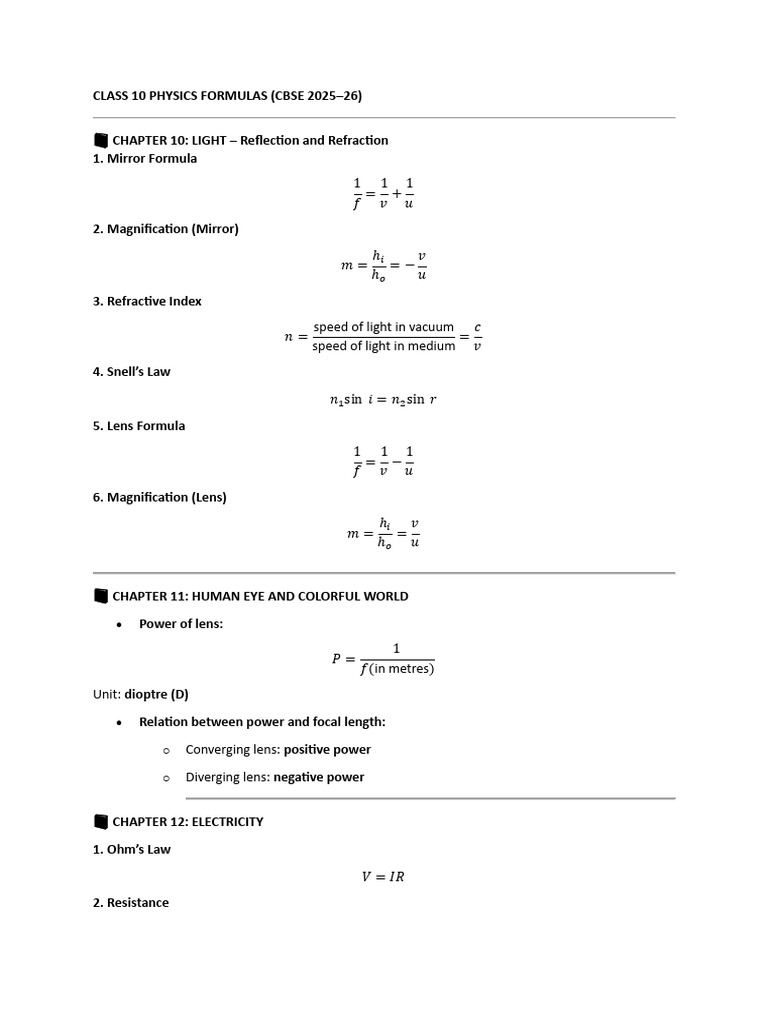 Class 10 Physics Formulas | PDF | Electromagnetism | Physical Quantities