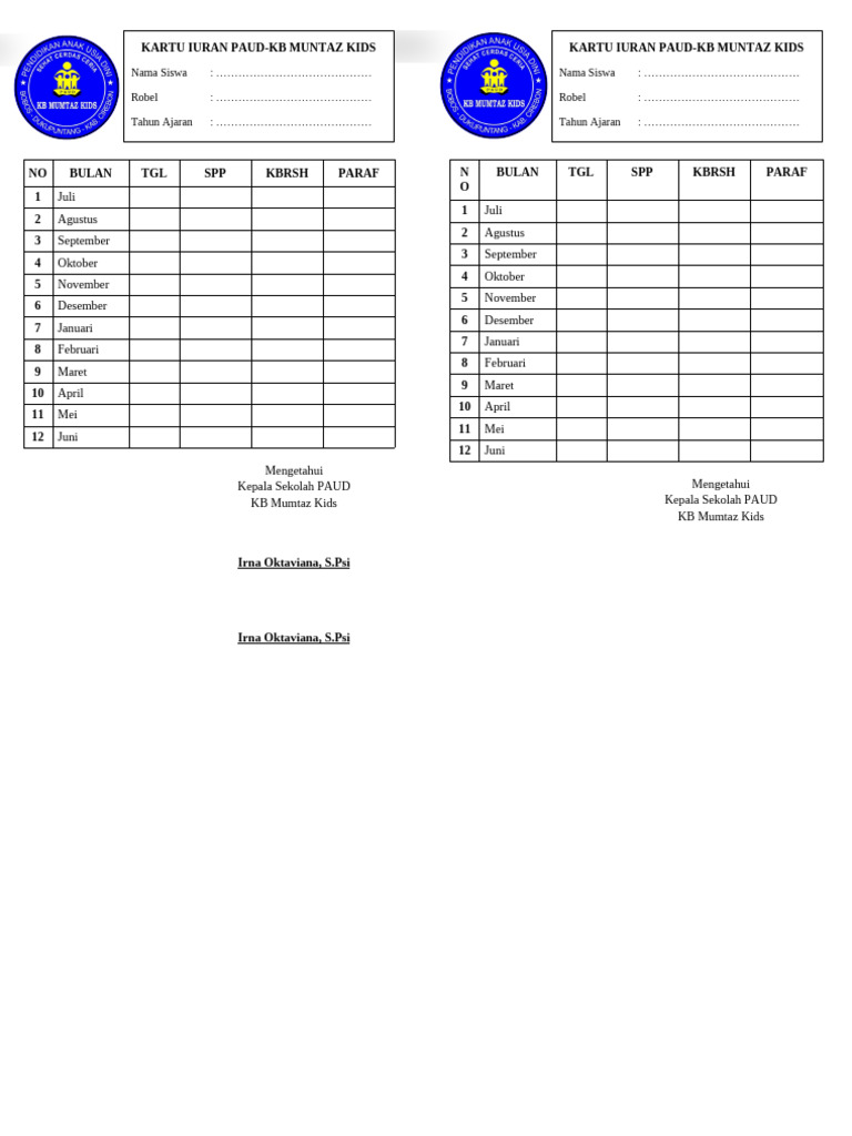 Kartu Iuran Paud KB - Muntaz Kids | PDF
