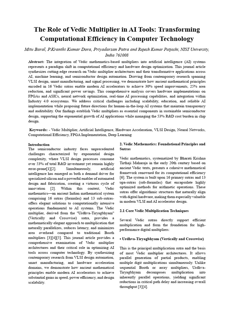 The Role of Vedic Multiplier in AI Tools | PDF | Field Programmable ...