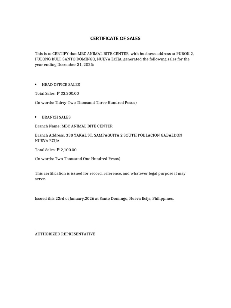 Certificate of Sales Head Office and Branch | PDF
