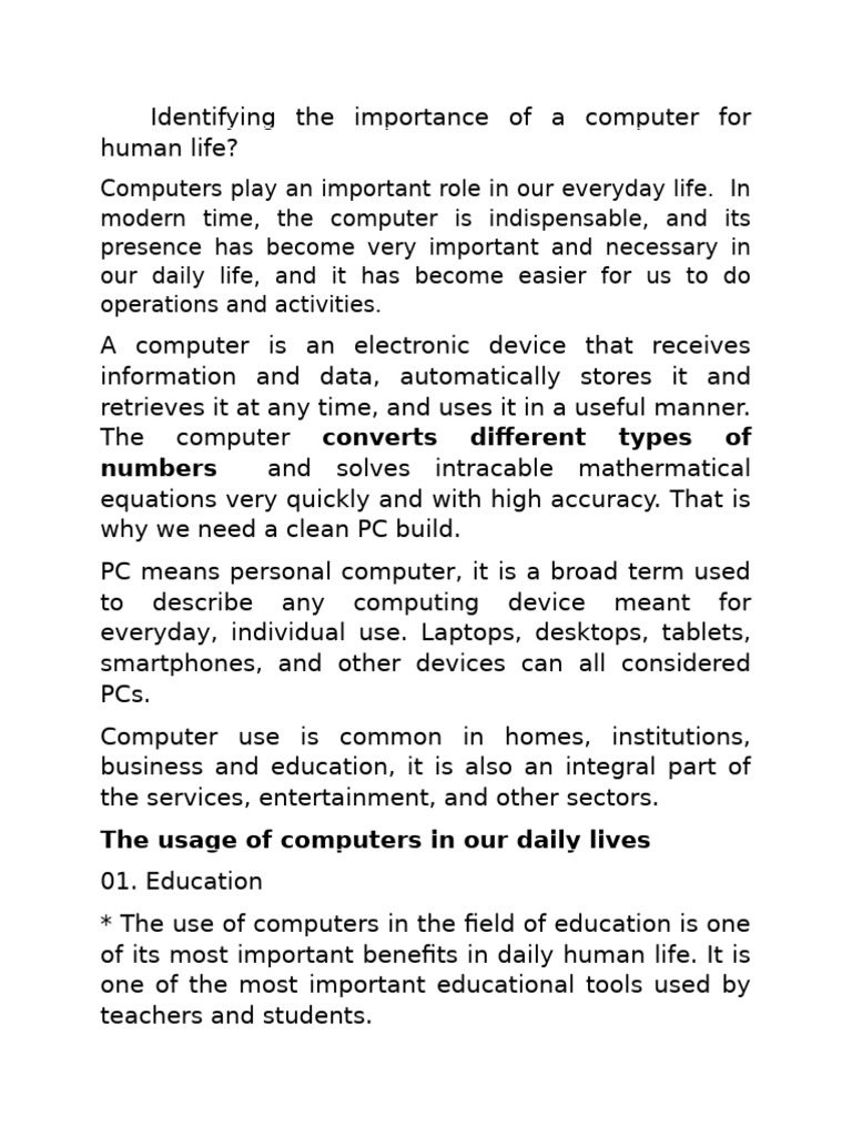 Identifying the importance of a computer for human life | PDF ...