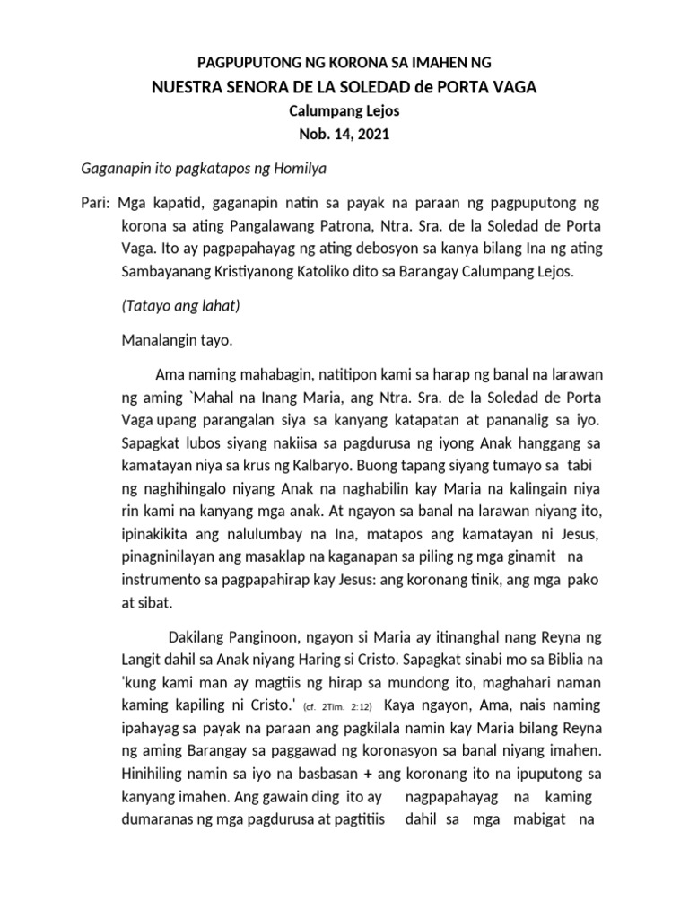 Pagpuputong Ng Korona Sa Imahen Ng Nuestra Senora de La Soledad de ...