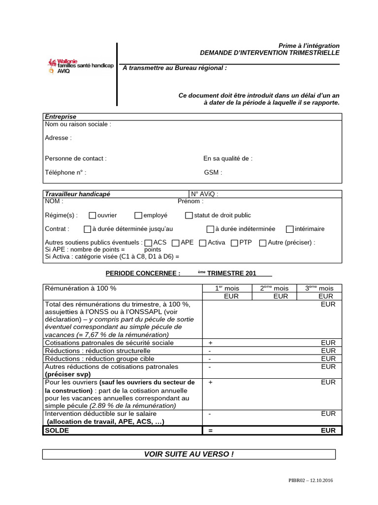 Demande Intervention Trimestrielle Prime Intégration | PDF