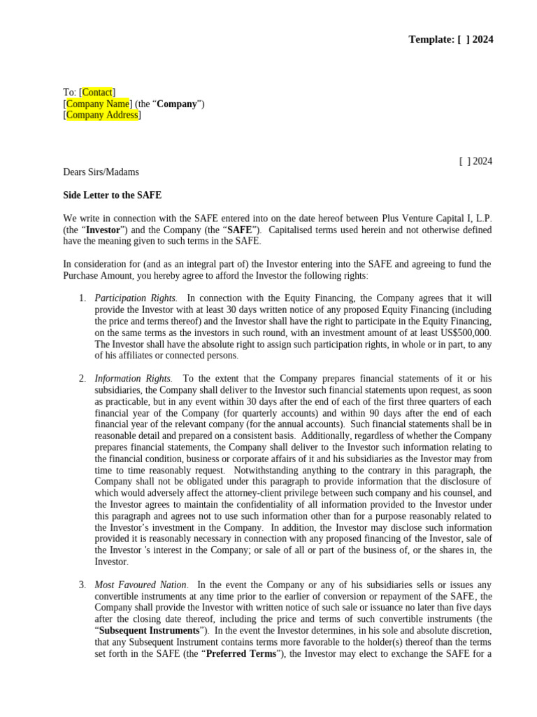 24 05 12 VC Side Letter To Template SAFE | PDF | Restructuring | Debt