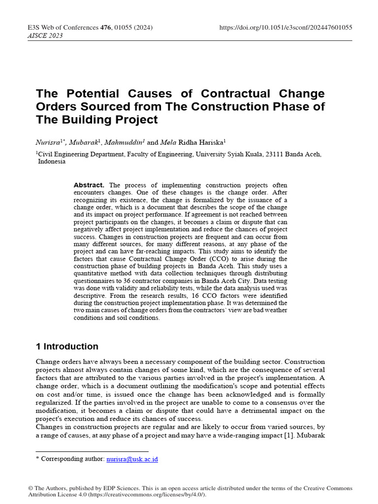 2024 Scopus The Potential Causes of Contractual Change Orders Sourced ...
