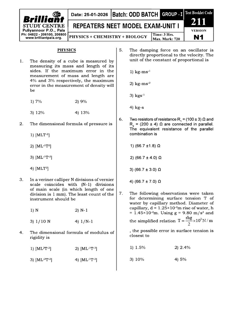 Question Paper Neet 260125 205555 | PDF