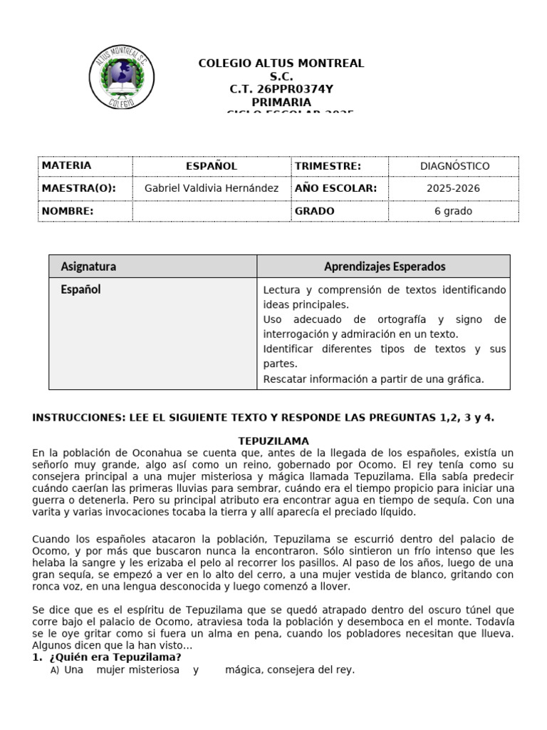 Examen de Diagnostico Sexto Grado | PDF | Kilogramo