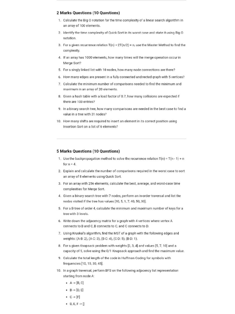 ADSA Important Questions CU Information | PDF