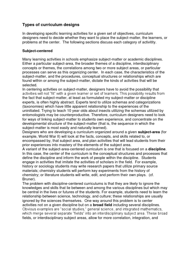 Types of Curriculum Designs | PDF | Interdisciplinarity | Curriculum