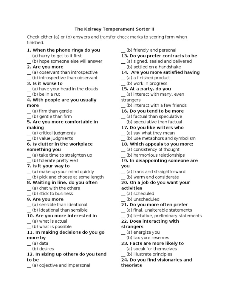 Keirsey Temperament Sorter II Guide | PDF | Psychology | Psychological ...