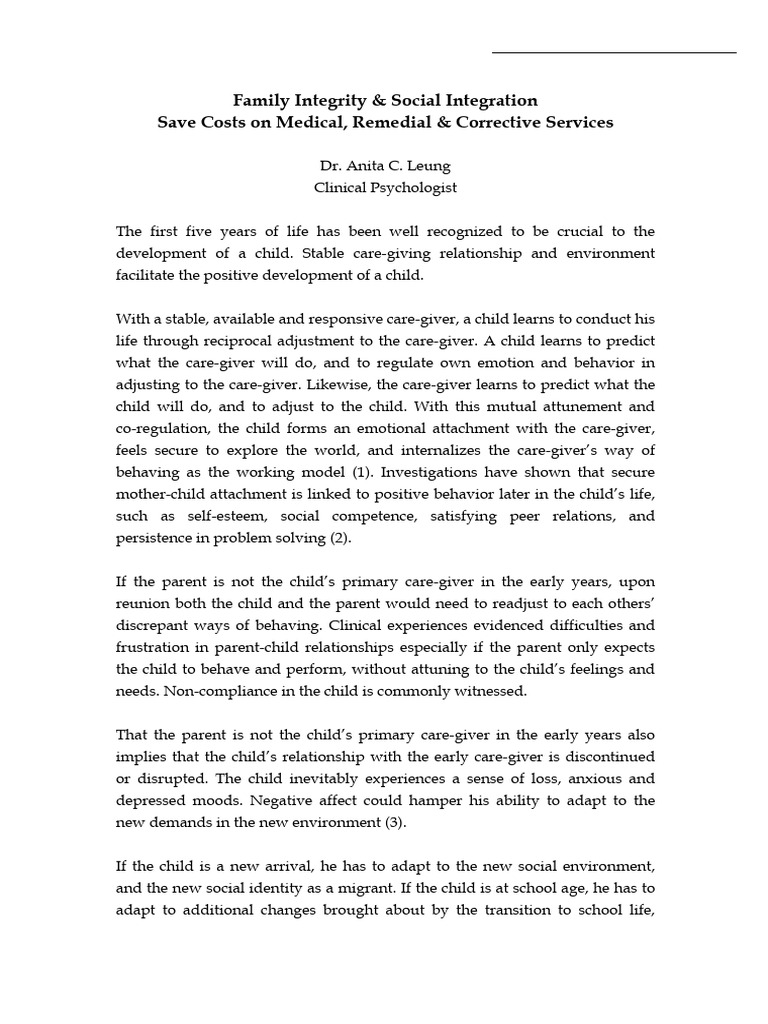 Family Integrity & Social Integration Save Costs On Medical, Remedial ...