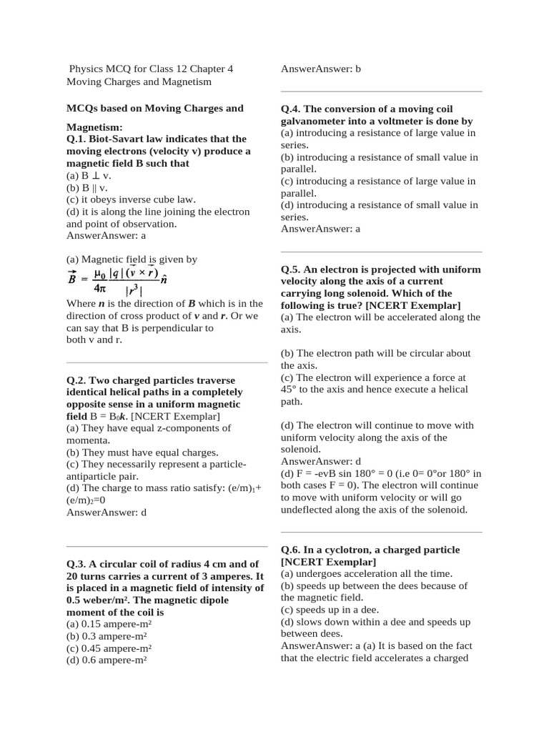 Physics MCQ for Class 12 Chapter 4 Moving Charges and Magnetism (1 ...