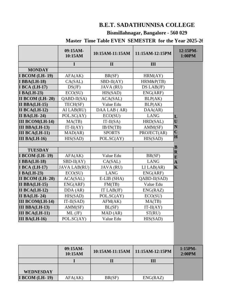 Even Sem Time Table 2026 | PDF