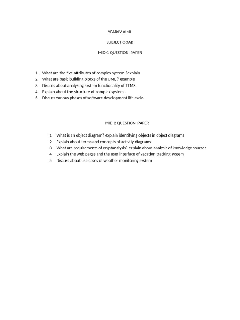 Ooad_iv Aiml_mid-1& Mid-2 Question_ Paper | PDF