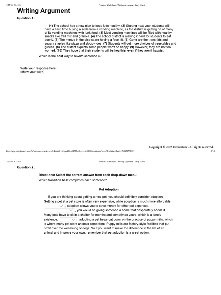 Printable Worksheet - Writing Argument - Study Island | PDF | Pet