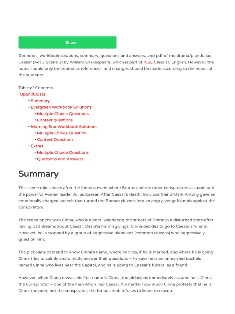 Julius Caesar Act 3 Scene 3 Icse Class 10 Workbook Answers | PDF