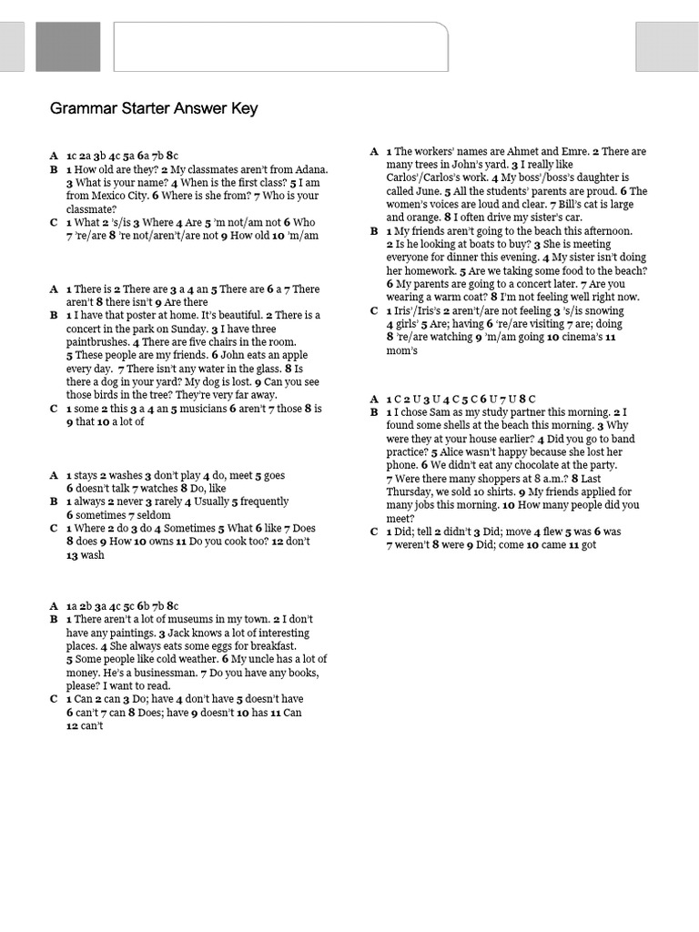 Starter_Grammar Answer Key | PDF