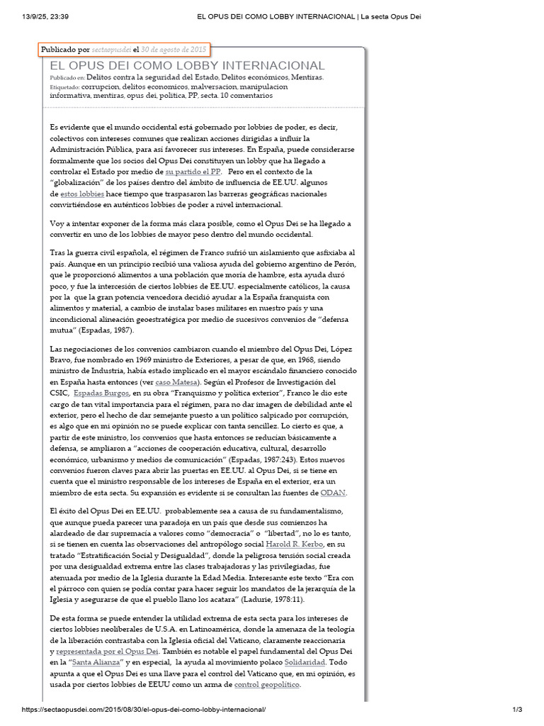 1º El Opus Dei Como Lobby Internacional - La Secta Opus Dei | PDF ...