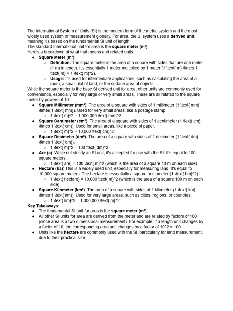 Explain All The Standard International Units For A... | PDF | Area | Metre