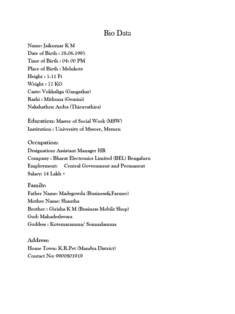 Bio Data: Education: Occupation | PDF
